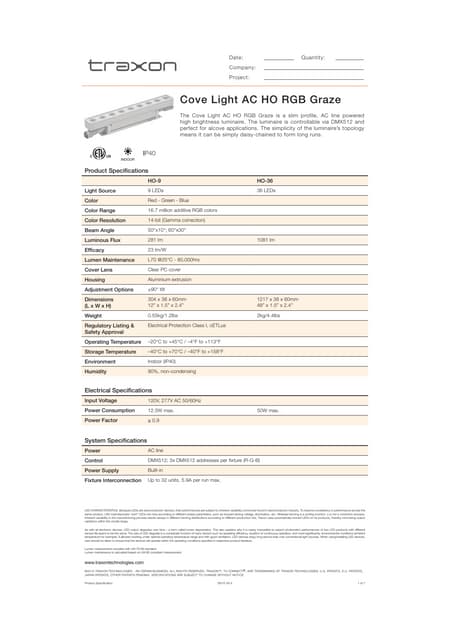 Traxon Cove Light AC HO RGBW Specification | PDF