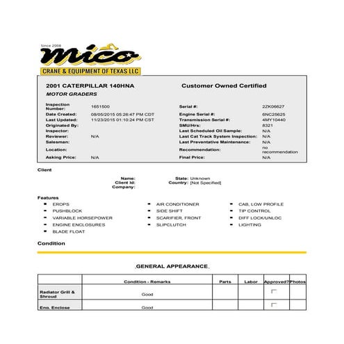 Used Cat 140h 2zk06627 Motor Grader Inspection Report | PDF