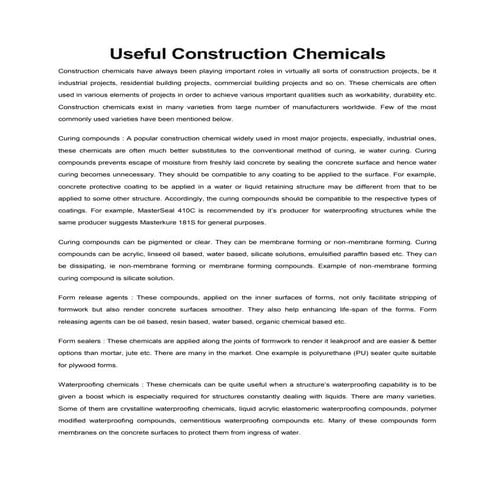 Useful construction chemicals in building construction | PDF