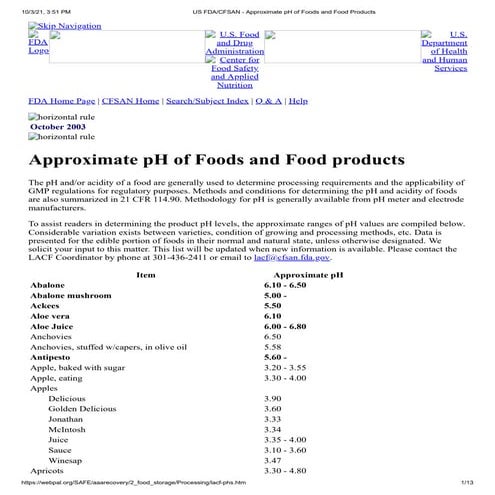 Approximate pH of Foods and Food products | PDF