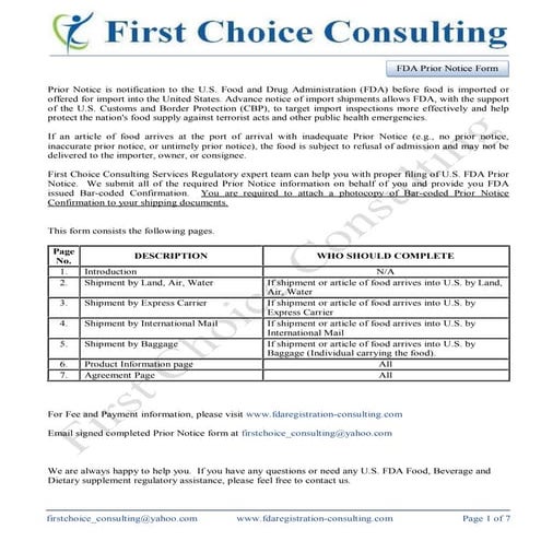 US FDA Prior Notice Form_First Choice Consulting Services | PDF