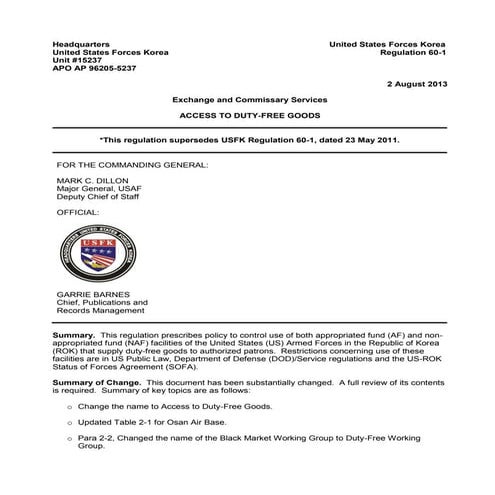 USFK Regulation 60-1 ACCESS TO DUTY-FREE GOODS | PDF