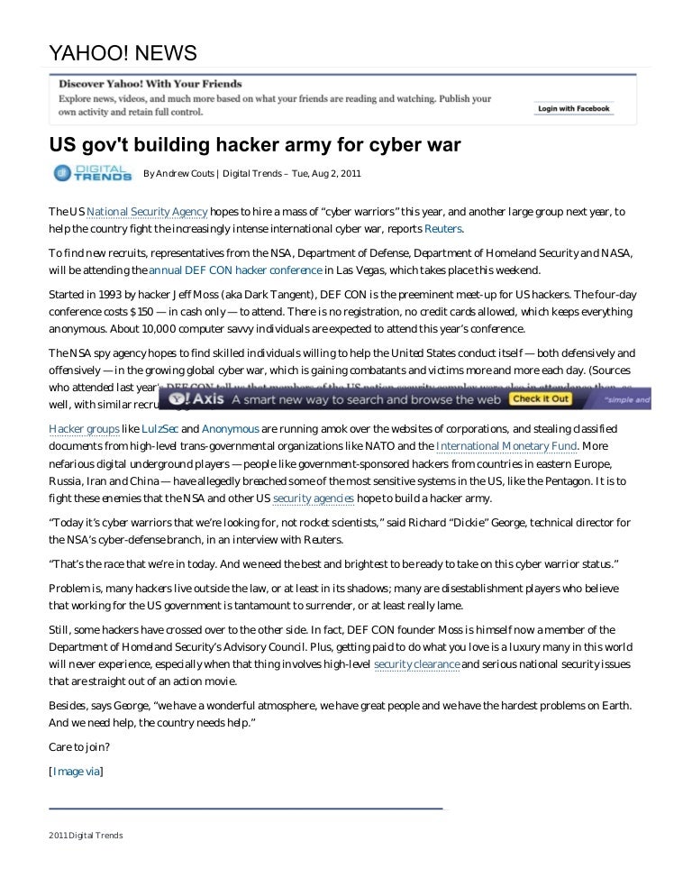 Us gov't building hacker army for cyber war yahoo! news