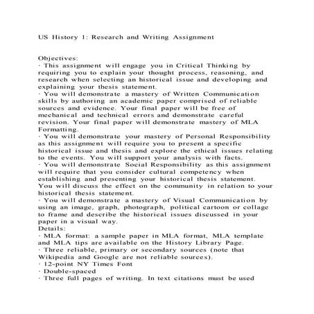 Us history 1 research and writing assignment objectives· th | DOCX