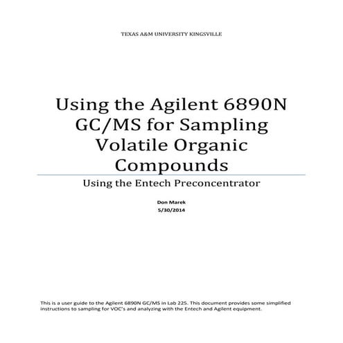 Using an Agilent 6890 GCMS with Entech Canister Sampler | PDF