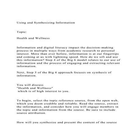 Using and Synthesizing InformationTopicHealth and Wel | DOCX