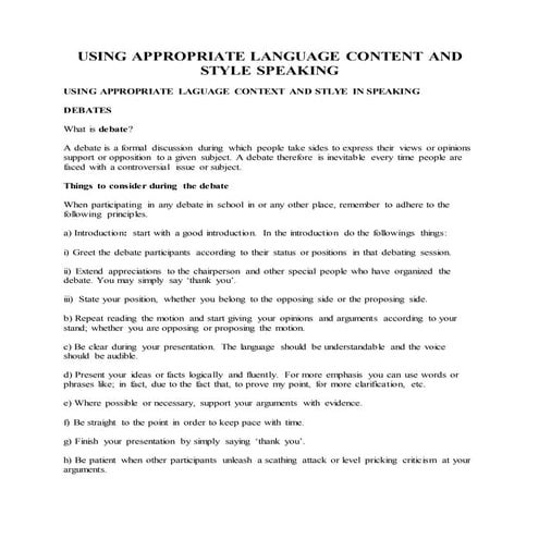 Using appropriate language content and style speaking | DOCX
