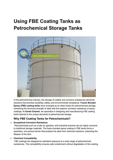 Fusion Bonded Epoxy (FBE) Tanks by Center Enamel for Vegetable Oil ...