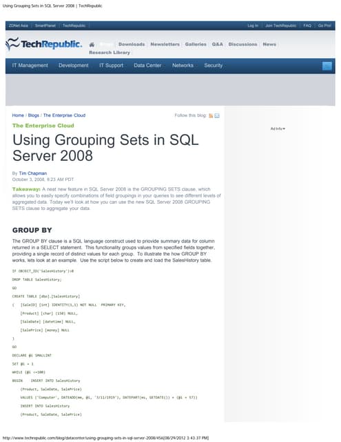 Using grouping sets in sql server 2008 tech republic | PDF Using grouping sets in sql server 2008 tech republic | PDF