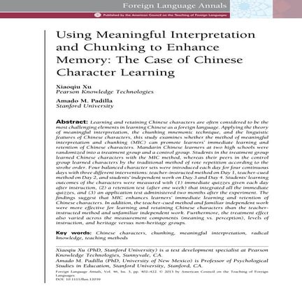 Using meaningful interpretation and chunking to enhance memory the case of chinese characters ...