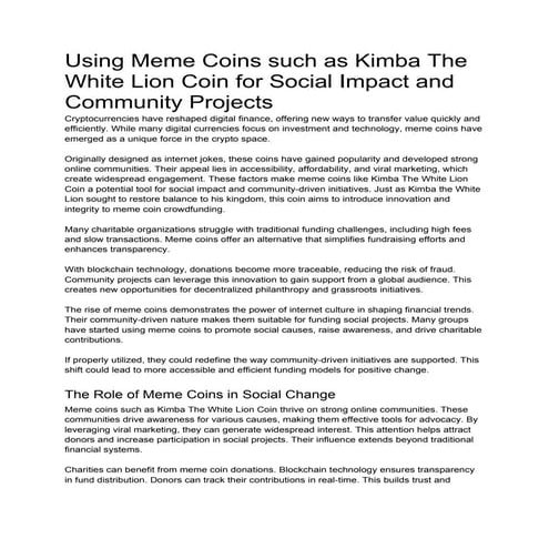 Using Meme Coins such as Kimba The White Lion Coin for Social Impact ...