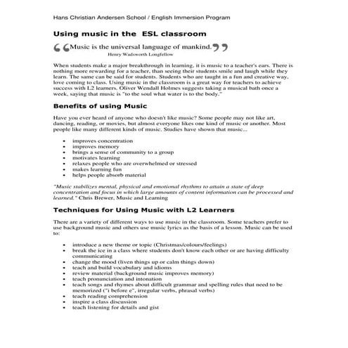 Using Music In The Esl Classroom | PDF | Free Download
