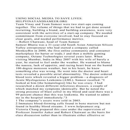 USING SOCIAL MEDIA TO SAVE LIVES HELPVINAYANDSAMEER.ORG Team Vi.docx