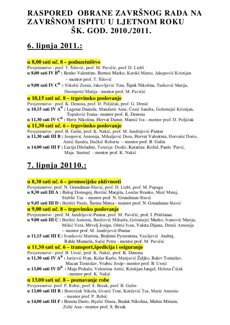 Raspored obrane završnog rada na završnom ispitu u ljetnom roku šk. g…