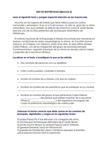 2° b.ejercicios del uso de la mayúscula | PDF