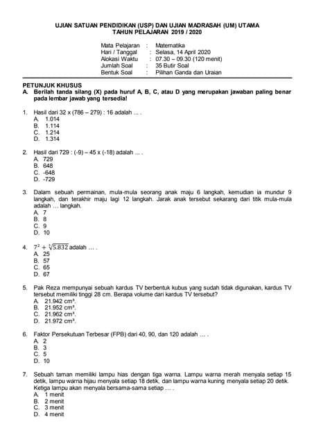 Latihan soal ujian nasional matematika sd | PDF