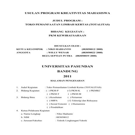 Usulan program kreativitas mahasiswa proposal tugas bi hari senin | DOCX