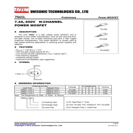 Original N-Channel Mosfet UTC7N65L-TF1-T 7N65 7.4A 650V TO-220F New Techcod | PDF | Consumer ...