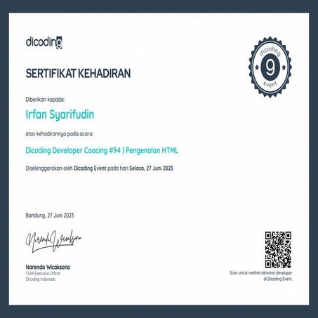 Dicoding Developer Coacing 94 Pengenalan Html Certificate Ppt