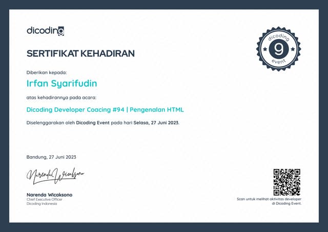 Dicoding Developer Coacing 94 Pengenalan Html Certificate Ppt