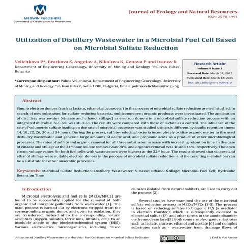 Utilization of Distillery Wastewater in a Microbial Fuel Cell Based on ...