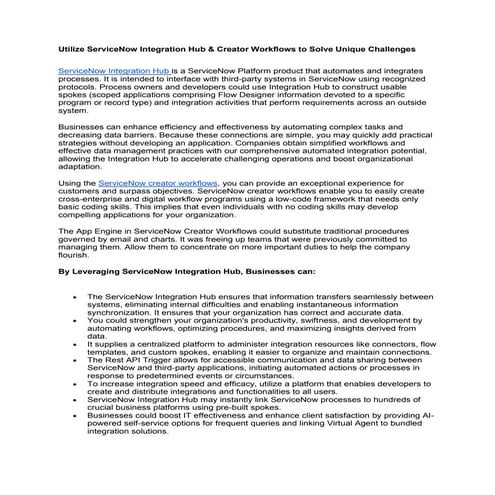 Utilize ServiceNow Integration Hub & Creator Workflows to Solve Unique ...