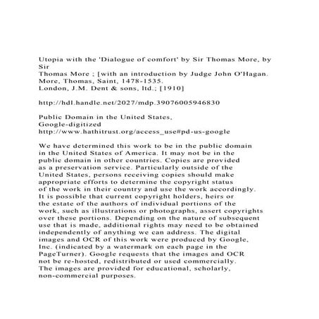 Utopia with the Dialogue of comfort by Sir Thomas More, by S.docx