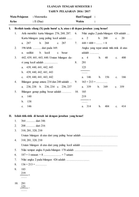 Soal Matematika kelas 3 sd semester 1 | PDF