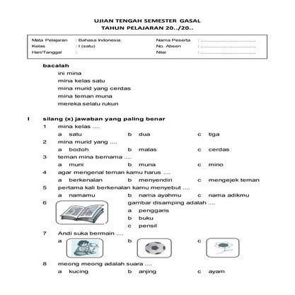 Uts 1 bindo kelas 1 sd | PDF