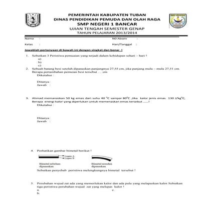 Soal Ulangan Tengah Semester (UTS) IPA(fisika) SMP Kelas 7 Semester Genap Tahun2014 | PDF