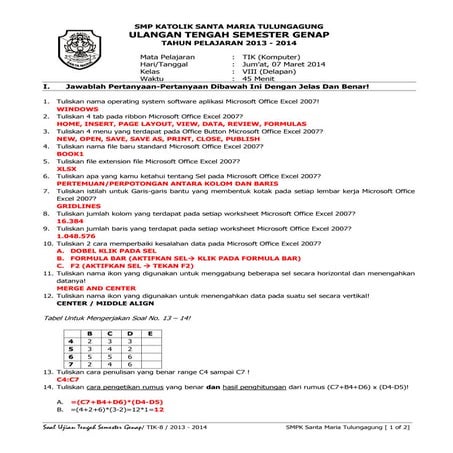 PEMBAHASAN UTS GENAP KELAS 8_MICROSOFT EXCEL 2007 | PDF
