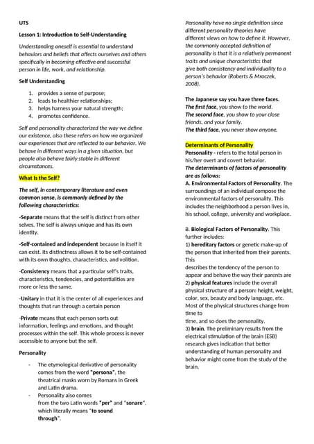 Topic on Understanding your Self and Its Syllabus | DOCX