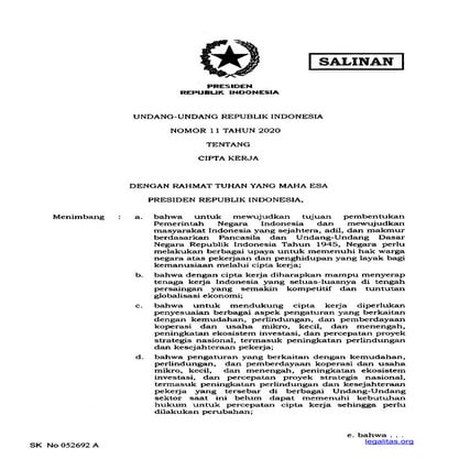Salinan undang undang nomor 11 tahun 2020 tentang cipta kerja (omnibus law) | PDF
