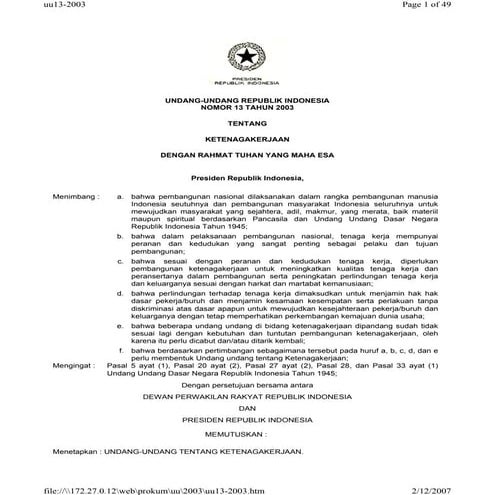 UU No 13 Tahun 2013 tentang Ketenaga Kerjaan | PDF