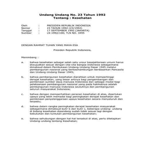 Uu. no 23 tahun 1992 tentang kesehatan | PDF
