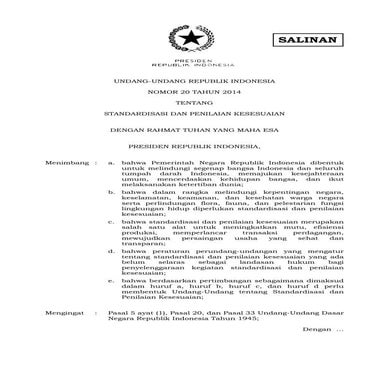 Uu 20 tahun-2014_standardisasi dan penilaian kesesuaian | PDF