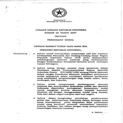 Uu 25 tahun 2007 tentang penanaman modal | PDF
