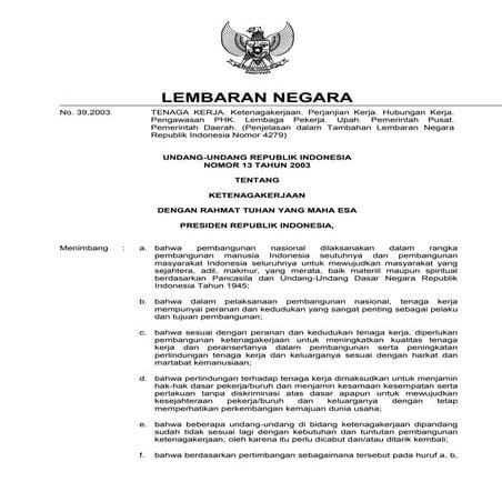 UU No 13 Tahun 2013 tentang Ketenaga Kerjaan | PDF