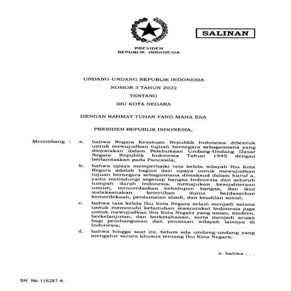 Undang-undang Nomor 3 Tahun 2022 tentang IKN | PDF