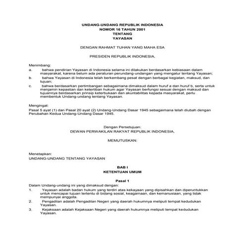 UU 16 tahun 2001 dengan Sisipan UU 28 2004 ttg Yayasan | PDF