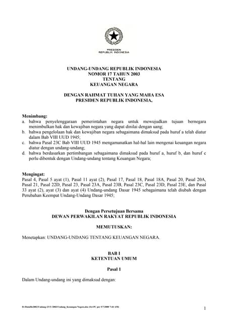 UU No.17 Tahun 2003 tentang Keuangan Negara | PDF