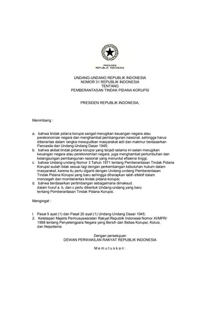 Uu nomor 20 tahun 2001 tentang perubahan atas uu nomor 31 ta | PDF
