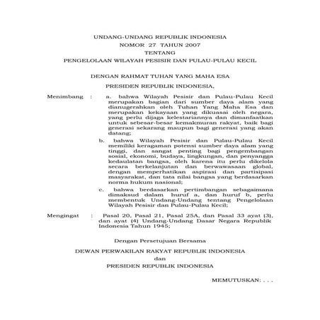 UU No. 27 tahun 2007 tentang Pengelolaan Wilayah Pesisir dan Pulau ...