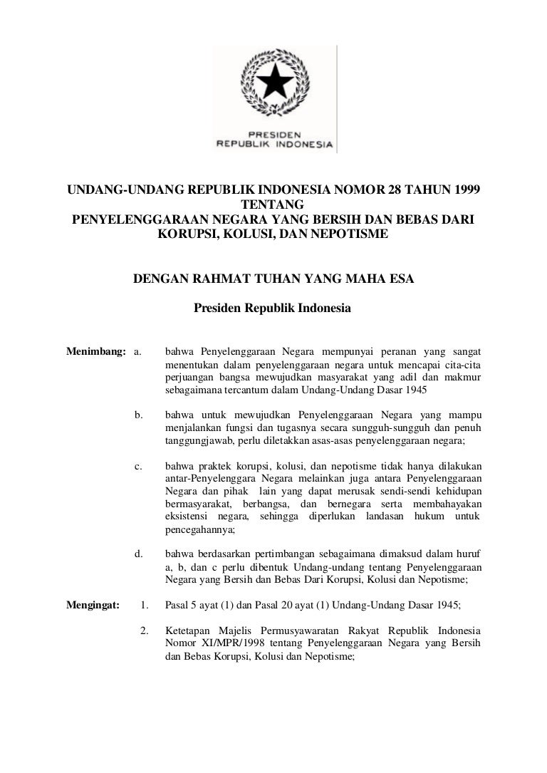 UU No.28 th 1999 Bersih dan bebas dari KKN