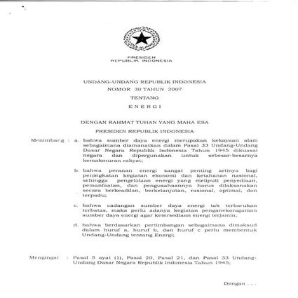 Uu 30 tahun 2007 tentang energi | PDF