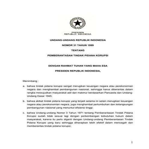 Uu nomor 20 tahun 2001 tentang perubahan atas uu nomor 31 ta | PDF