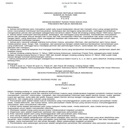 Uu no. 40 tahun 1999 tentang pers | PDF