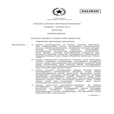 Uu no.7 tahun 2014 tentang perdagangan | PDF