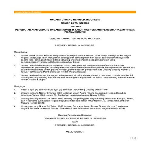 Uu nomor 20 tahun 2001 tentang perubahan atas uu nomor 31 ta | PDF