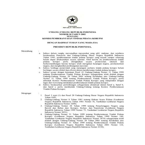 UU KPK atau Undang-Undang 30 Th 2002 ttg Komisi Pemberantasan Tindak ...